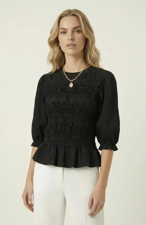 MODENAIRE Smocked Peplum Puff Sleeve Blouse - Black