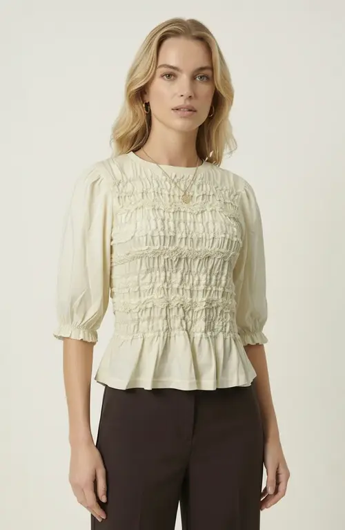 MODENAIRE Smocked Peplum Puff Sleeve Blouse - Cream