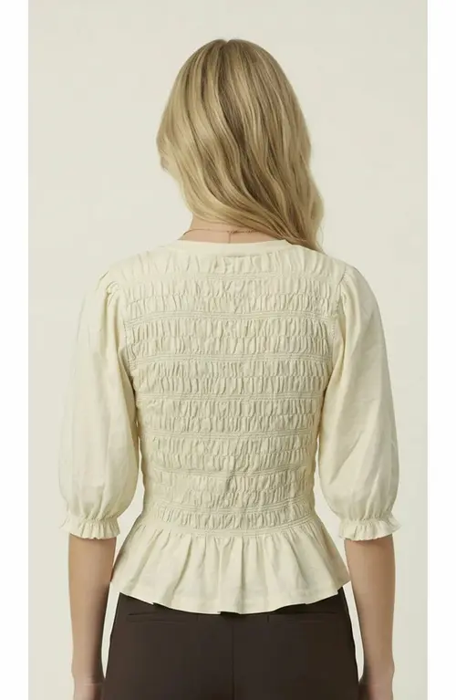 MODENAIRE Smocked Peplum Puff Sleeve Blouse - Cream
