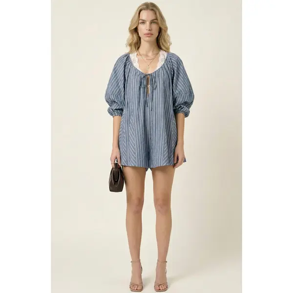 MODENAIRE Striped V-neck Romper With Tie Front - Slate Blue
