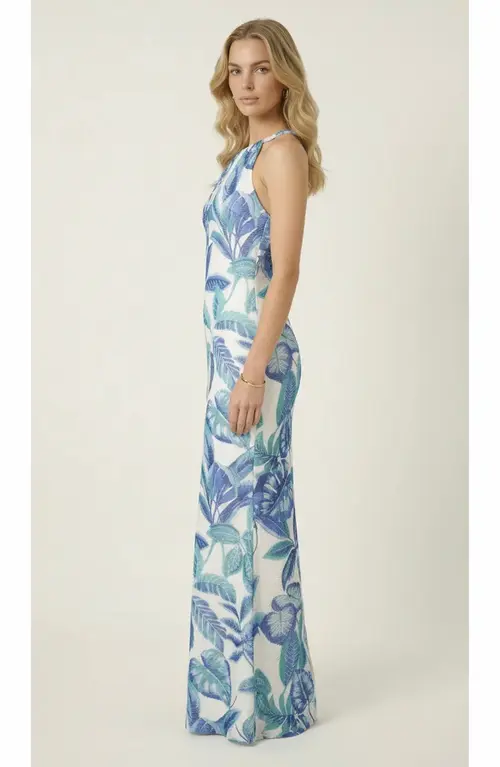 MODENAIRE Botanical Print Halter Neck Maxi Dress