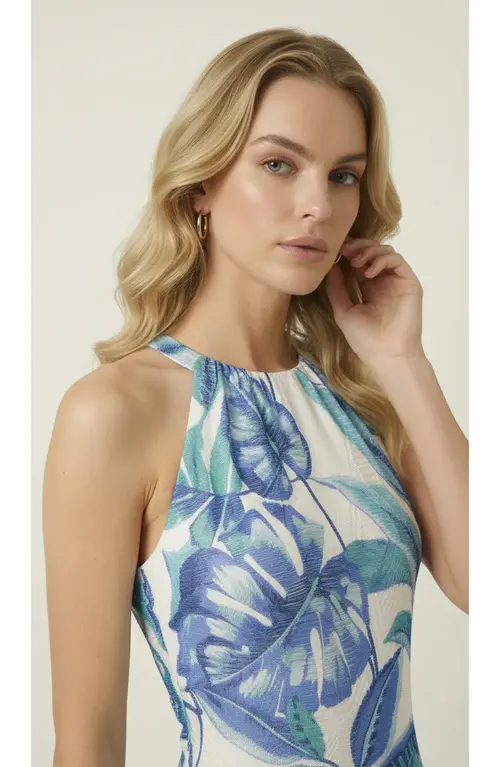 MODENAIRE Botanical Print Halter Neck Maxi Dress