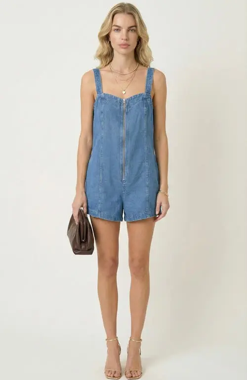 MODENAIRE Denim Front Zip Pocket Romper - Medium Wash Blue