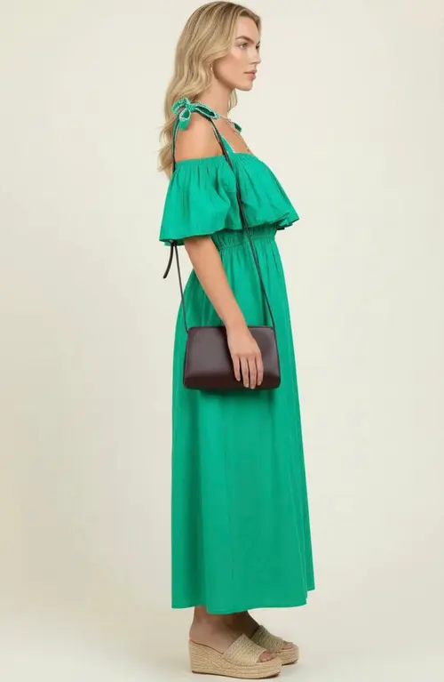 MODENAIRE Off-shoulder Ruffle Smocked Midi Dress