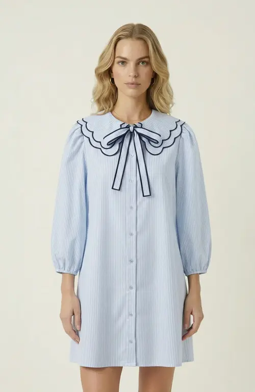 MODENAIRE Striped Button-front Scalloped Collar Dress - Light Blue/white