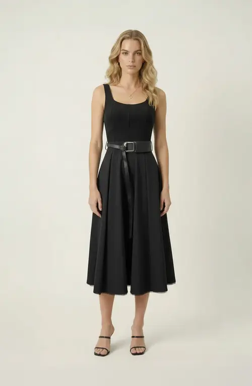 MODENAIRE Belted Scoop Neck Midi Dress - Black