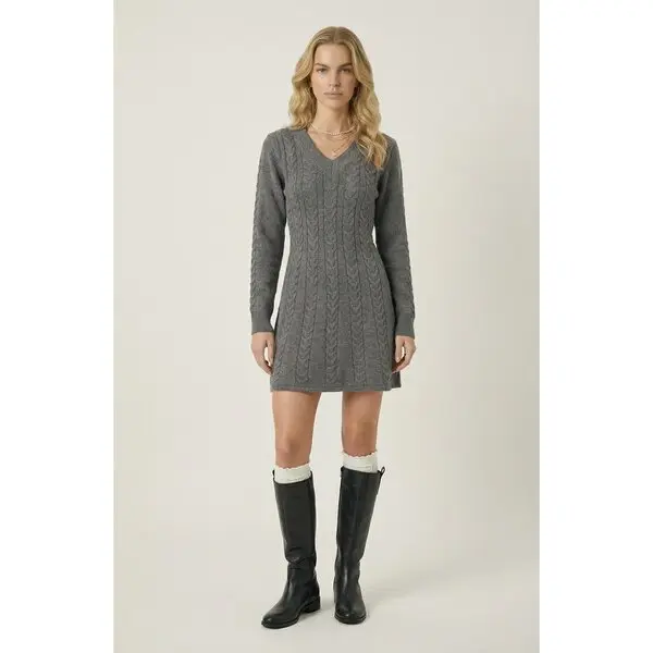 MODENAIRE Cable Knit V-neck Sweater Dress