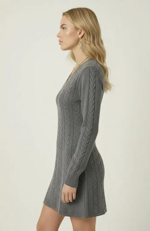 MODENAIRE Cable Knit V-neck Sweater Dress