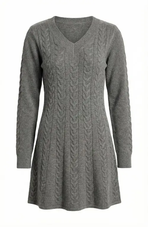 MODENAIRE Cable Knit V-neck Sweater Dress