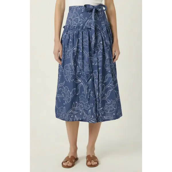 MODENAIRE Floral Print Wrap Midi Skirt - Navy Blue