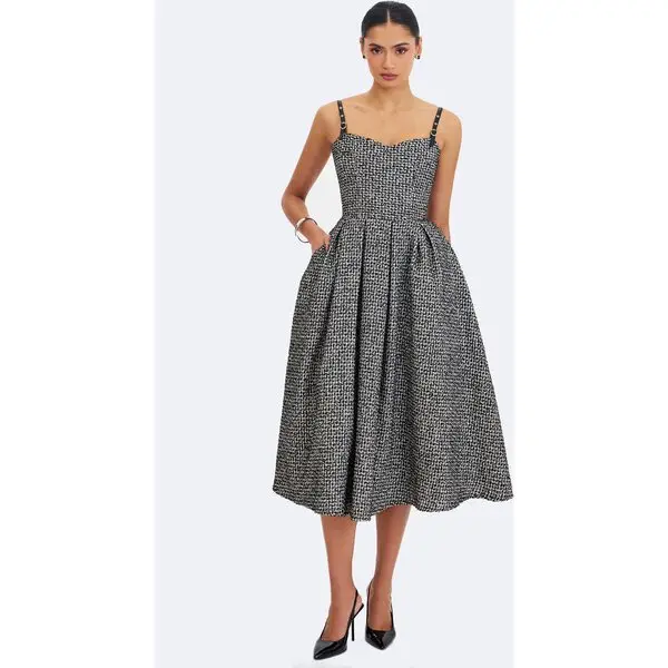 MISS CIRCLE Katalina Tweed Backless Midi Dress - Black And White