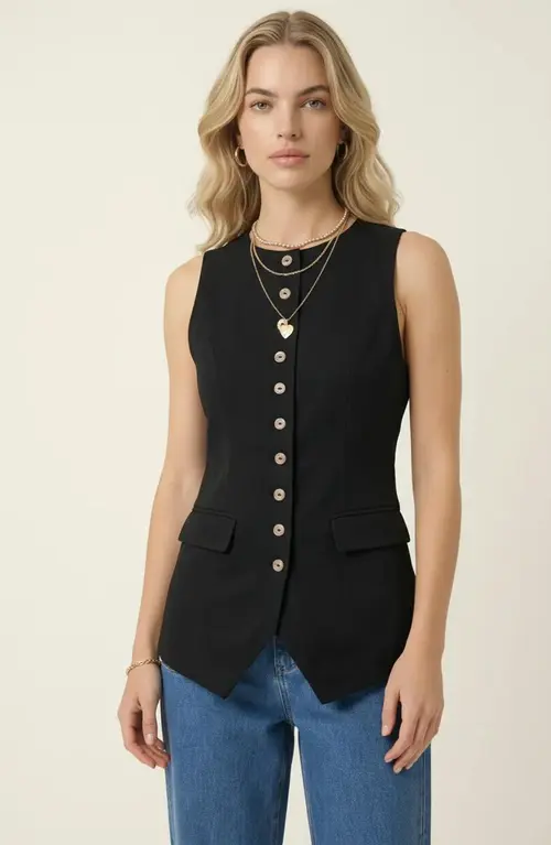 MODENAIRE Longline Button Front Tailored Vest - Black