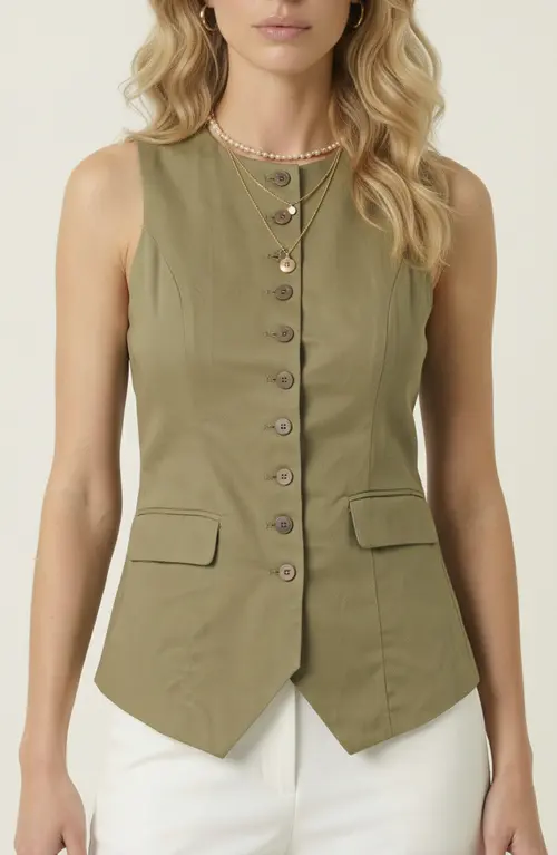 MODENAIRE Longline Button Front Tailored Vest - Olive Green