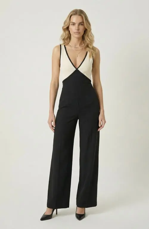 MODENAIRE Two-tone Wrap Bodice Jumpsuit - Black/cream
