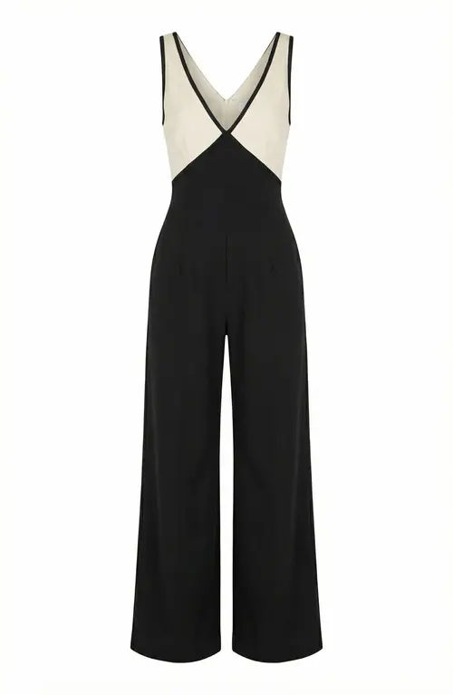 MODENAIRE Two-tone Wrap Bodice Jumpsuit - Black/cream