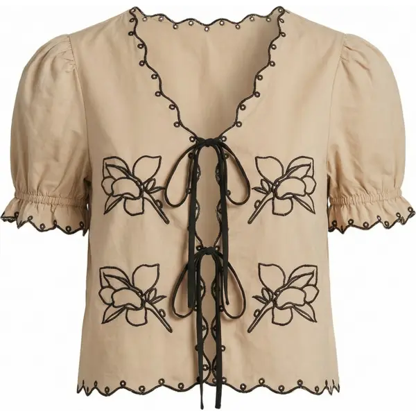MODENAIRE Puff Sleeve Embroidered Tie-front Blouse - Beige