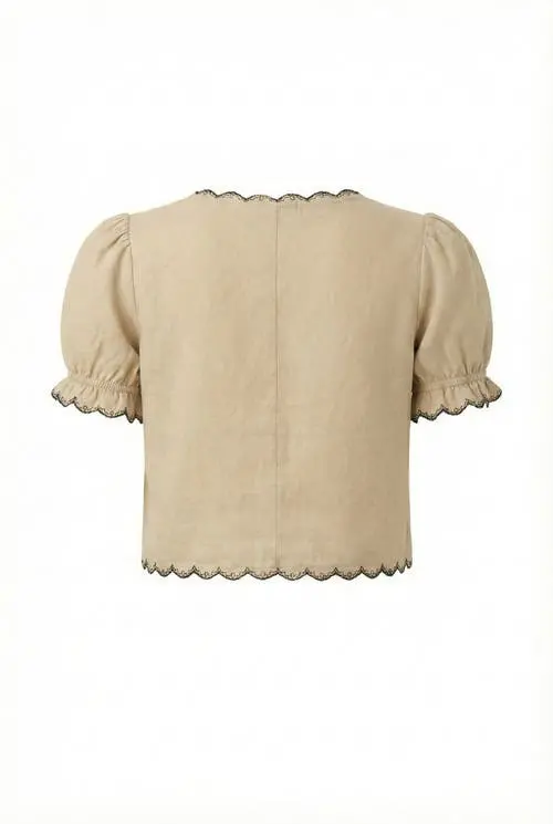 MODENAIRE Puff Sleeve Embroidered Tie-front Blouse - Beige