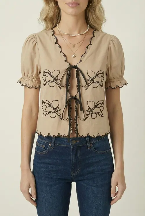 MODENAIRE Puff Sleeve Embroidered Tie-front Blouse - Beige