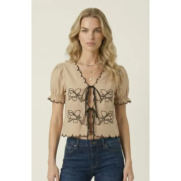 MODENAIRE Puff Sleeve Embroidered Tie-front Blouse - Beige