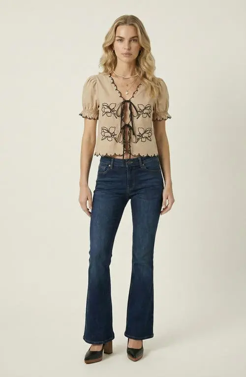 MODENAIRE Puff Sleeve Embroidered Tie-front Blouse - Beige