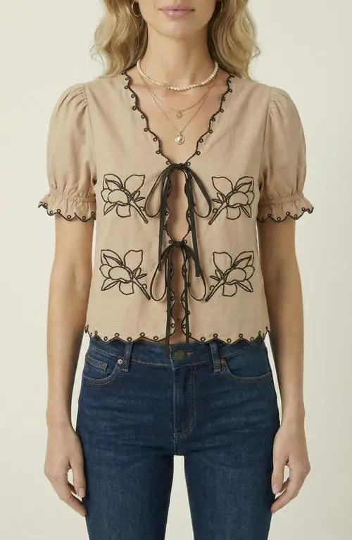MODENAIRE Puff Sleeve Embroidered Tie-front Blouse - Beige