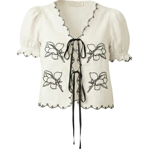 MODENAIRE Puff Sleeve Embroidered Tie-front Blouse - Ivory
