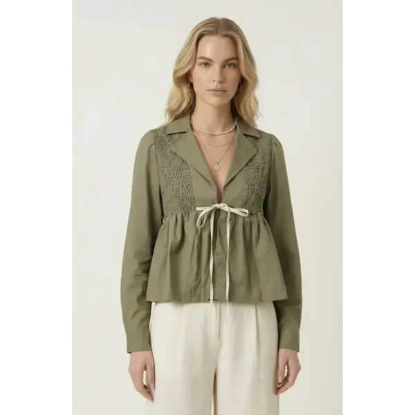 MODENAIRE Smocked Panel Tie Front Blouse
