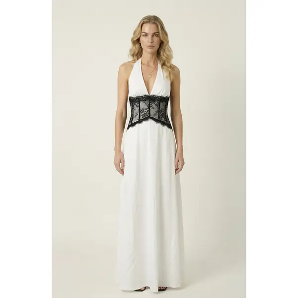 MODENAIRE Halter Lace Corset Maxi Dress - Off-white/black