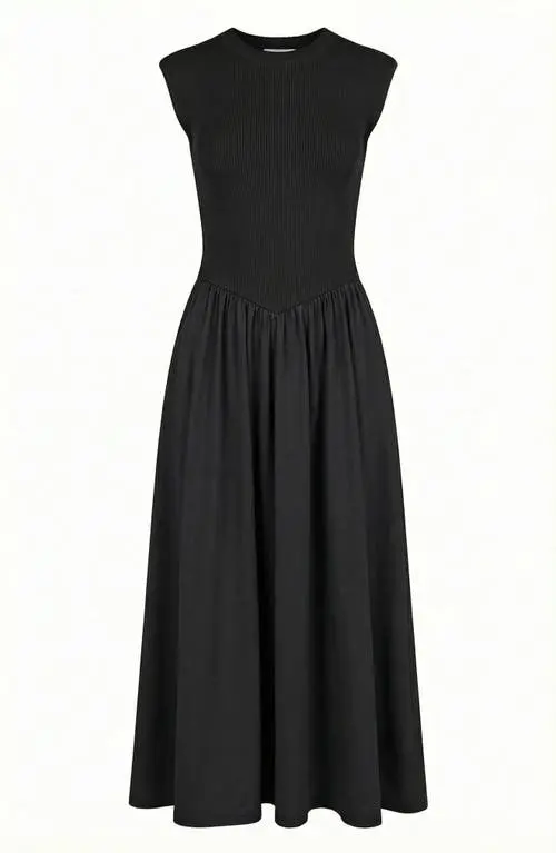 MODENAIRE Cap Sleeve Fitted Gathered Midi Dress - Black