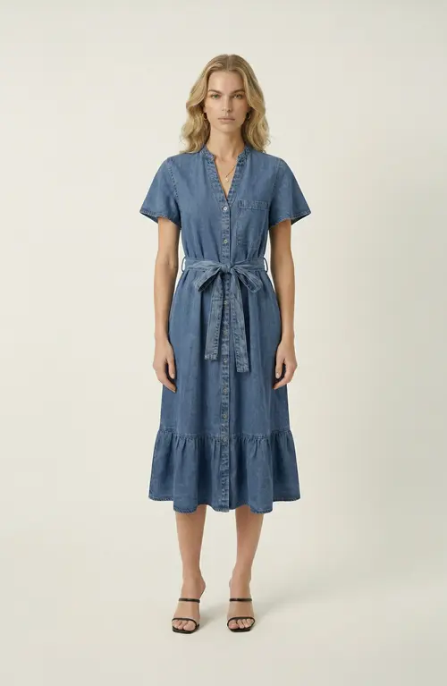 MODENAIRE Belted Denim Ruffle Hem Dress - Medium Wash Blue