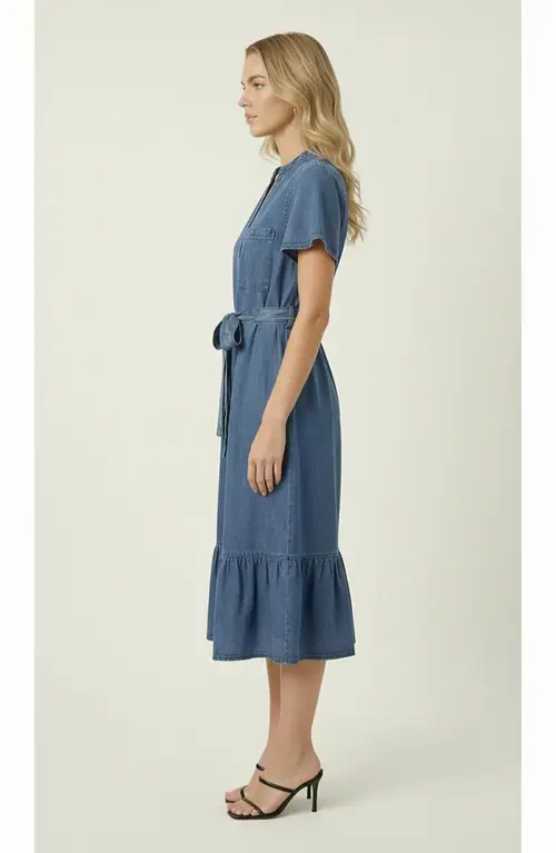 MODENAIRE Belted Denim Shirt Dress With Ruffle Hem