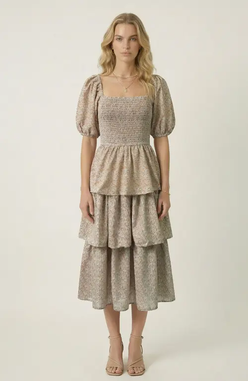 MODENAIRE Smocked Tiered Puff Sleeve Maxi Dress - Beige/terracotta