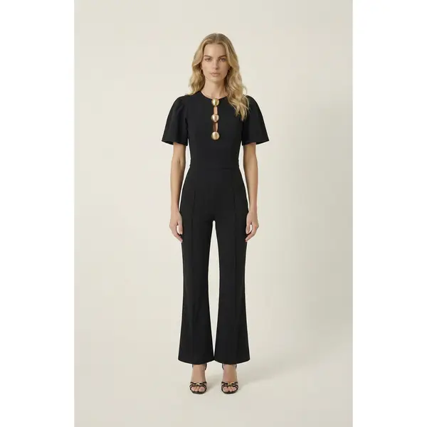 MODENAIRE Embellished Cutout Flared Leg Jumpsuit - Black