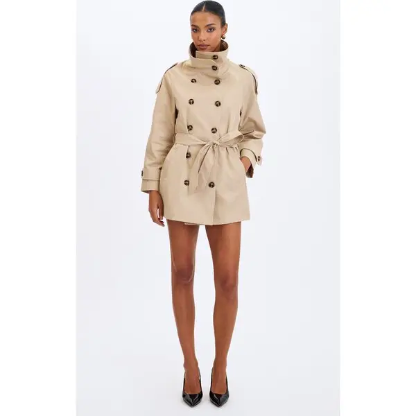 MISS CIRCLE Vanetta High Collar Double-breasted Trench Mini Coat - Tan