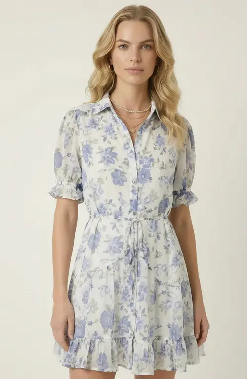MODENAIRE Floral Tie Waist Shirt Dress - White/floral