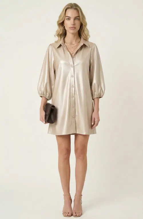 MODENAIRE Satin Button-up Shirt Dress With Puff Sleeves And Collar - Champagne