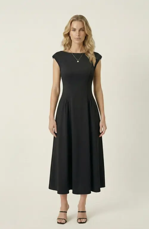 MODENAIRE Open Back Cap Sleeve Midi Dress - Black