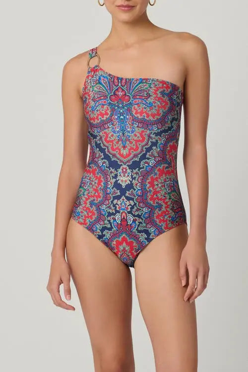 Shoshanna Bateau Medallion Print Ring One-shoulder One-piece - Navy/multi