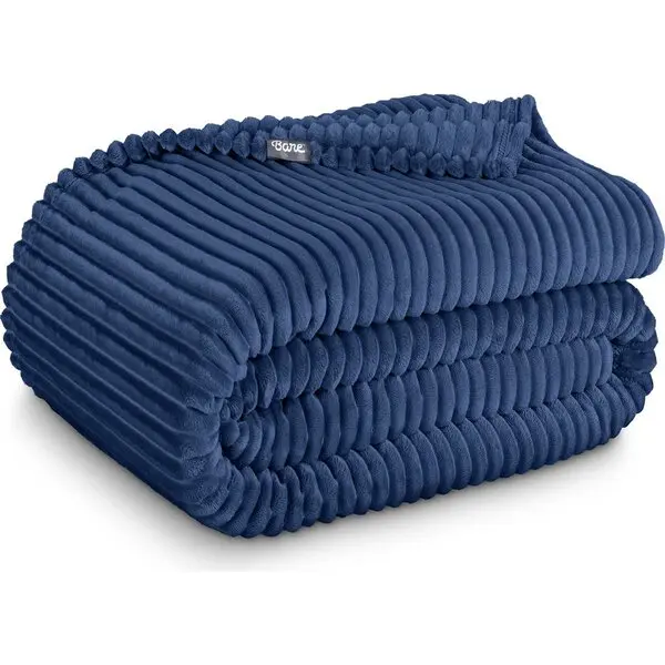 BARE HOME Ribbed Microplush Fleece Throw Blanket - Dark Blue