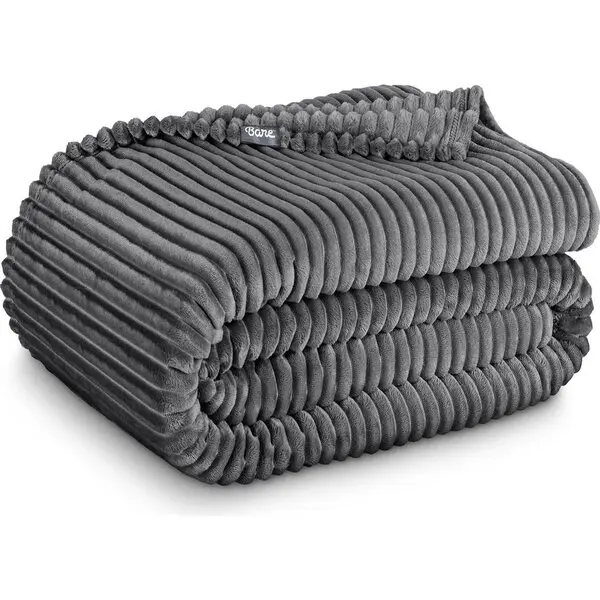 BARE HOME Ribbed Microplush Fleece Throw Blanket - Grey