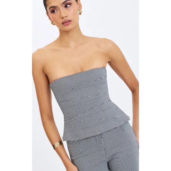 MISS CIRCLE Ulla Micro-houndstooth Strapless Peplum Top - Hounstooth Grey