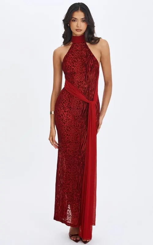 MISS CIRCLE Cerise Burnout Velvet Multiwear Mesh Ribbon Maxi Dress - Scarlet