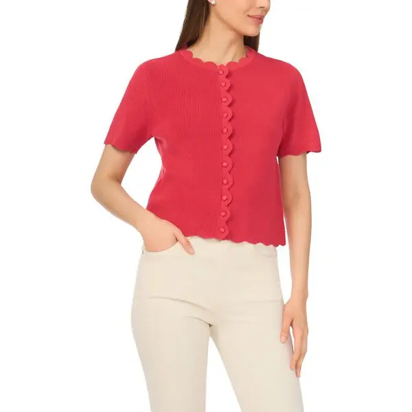 CECE DUPRAZ Scalloped Short Sleeve Cardigan - Claret
