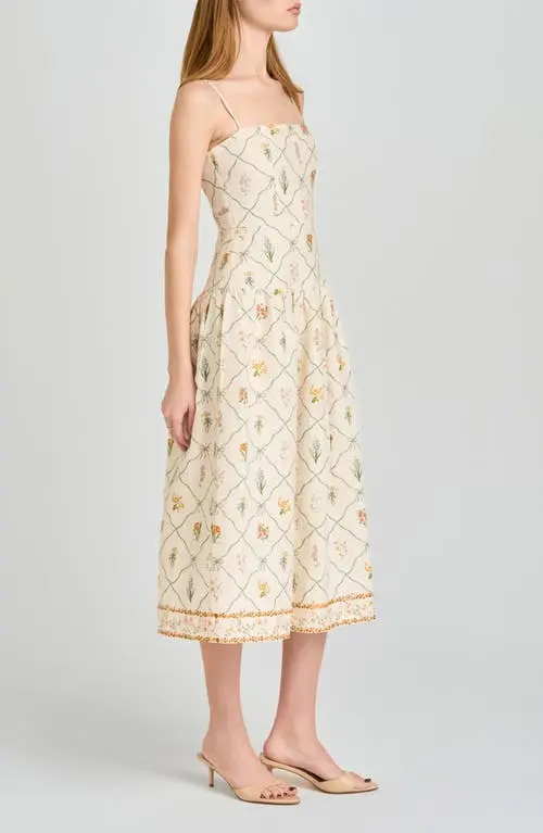 WAYF Juliet Print Linen Blend Midi Sundress - Ivory Botanical