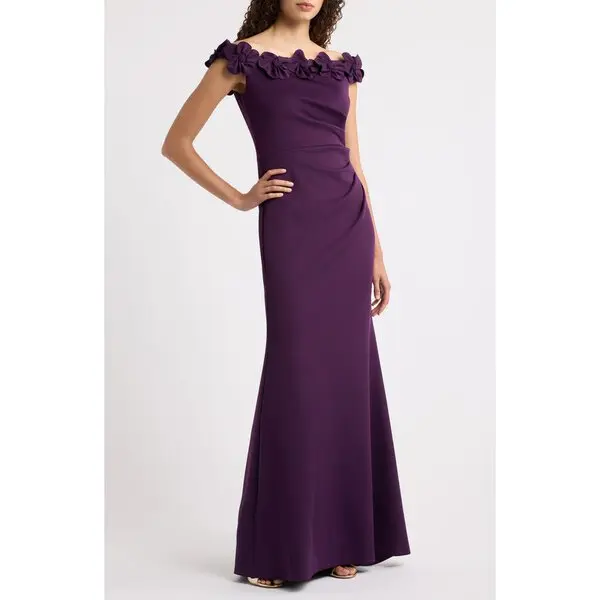 Eliza J 3d Floral Off The Shoulder Gown - Plum