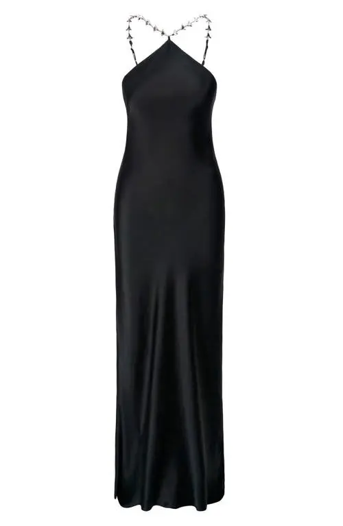 Staud Cadence Shark Tooth Strap Satin Maxi Dress - Black