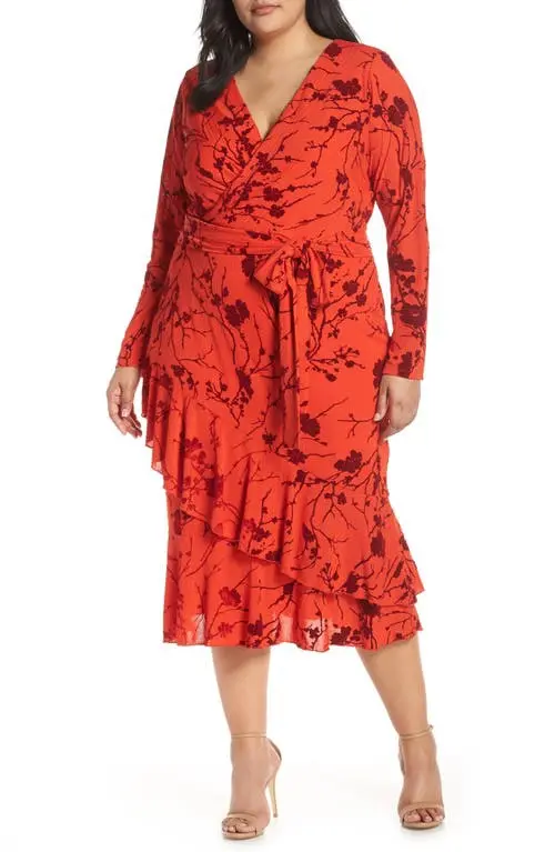 Rachel Rachel Roy Ruffle Hem Faux Wrap Midi Dress - Fire
