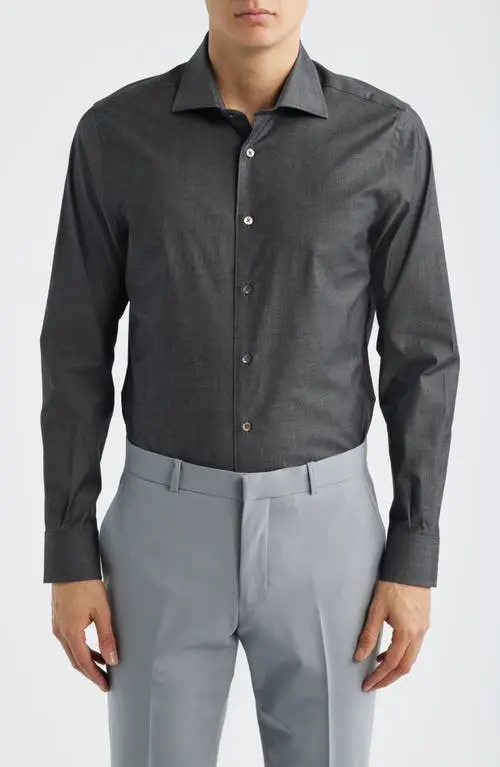 Zanella Bassano Tailored Fit Solid Stretch Cotton Twill Dress Shirt - Charcoal