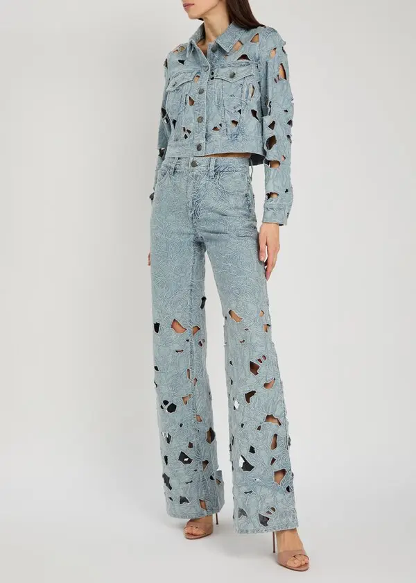 Alice + Olivia Embroidered Cut-out Wide-leg Jeans