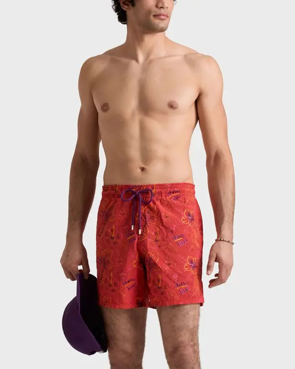 Vilebrequin Island Flowers Embroidered Swim Trunks Limited Edition - Red